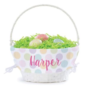 personalized easter egg basket for her with handle and custom name | polka dot easter basket liners | white basket | woven easter baskets for kids | customized easter basket | gift for easter