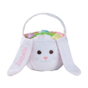 personalized white easter bunny bag with custom name | plush easter bag with handle | soft egg basket for kids | customized easter basket | great for easter egg games