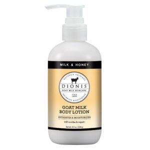 dionis goat milk hydrating skincare cream, rich & creamy daily moisturizing milk & honey scented body lotion for dry skin, made in the usa, cruelty-free & paraben-free, 8.5 oz bottle