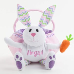 personalized plush easter bunny basket with custom name | pink soft easter bag with chevron patterned bunny ears and handle | customized easter basket | great for easter egg games