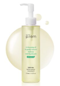 makeprem safe me. relief moisture cleansing oil 7.1 fl oz naturally-derived ingredients pha formula makeup remover pore cleansing blackhead removal hypoallergenic and clinically tested oil cleanser