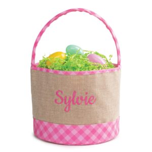 personalized easter bucket bag with custom cursive name | pink plaid burlap easter bag with handle | egg basket for kids | customized easter basket | great for book and toy storage