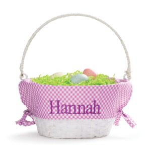 personalized easter egg basket with handle and custom name | purple gingham easter basket liners | white basket | woven easter baskets for kids and adults | customized easter basket | gift for easter