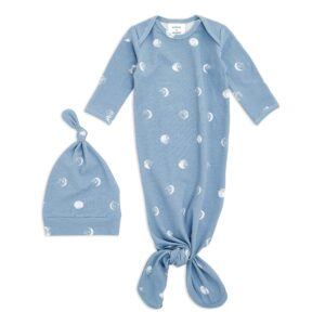 aden + anais comfort knit knotted newborn baby gown and hat, super soft cotton with spandex, infant gown with fold over mitten cuffs, 2 piece set, 0-3 months, blue moon