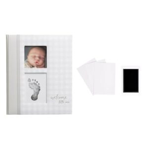 pearhead welcome little one first 5 years memory book, gender-neutral baby keepsake for new and expectant parents, pregnancy and milestone journal, gray gingham