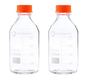 ivyx scientific round media storage bottle, borosilicate glass, with gl45 screw cap - pack of 2 (1l / 1000 ml)