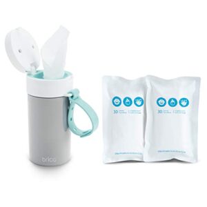 brica clean-to-go wipes container starter pack, includes 60 unscented hand & face baby wipes, 99% water wipes with chamomile & aloe