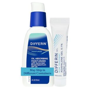 differin 30 day gel & moisturizer spf 30 set, acne treatement gel (15g tube) & moisturizer spf 30 (2.5 oz), gentle skin care for acne prone skin, fragrance free, non comedogenic