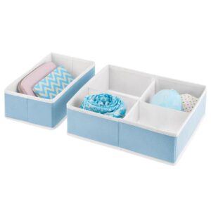 mdesign soft fabric polka dot dresser drawer and closet storage organizer bin for child/kids room, nursery, playroom - divided 5 section tray, set of 2 - light blue/white