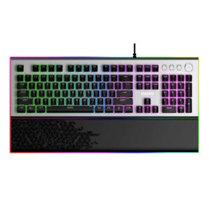 philips wired gaming keyboard with palm rest | led rgb mechanical keyboard w/custom cyan crystal switches, 38-key aliasing, multimedia control dials | 20 light fx, custom light maps (spk8624)