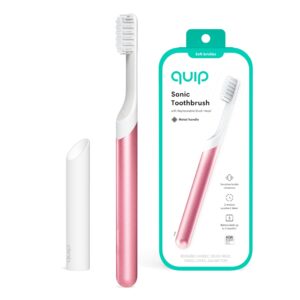 quip sonic toothbrush for adults - timed electric toothbrush with cover - replaceable brush head, soft bristles, metal handle, 3 month battery life - travel toothbrush - pink