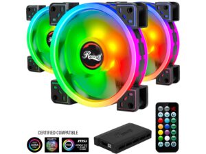 rosewill 120mm true rgb led case fans (3-pack) and 8-port fan hub, ultra quiet cooling with long life rifle bearings - rosewill rgbf-s12003 supreme dual ring addressable rgb case fan hub set