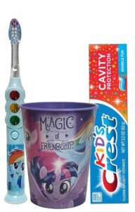 my little pony 3pc bright smile oral hygiene bundle.flashing light timer toothbrush, brushing timer & mouthwash rinse cup. plus dental gift bag & tooth saver necklace (rainbow dash)