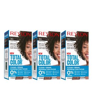 revlon permanent hair color, permanent hair dye, total color with 100% gray coverage, clean & vegan, 30 darkest brown, 10.2 oz (pack of 3)