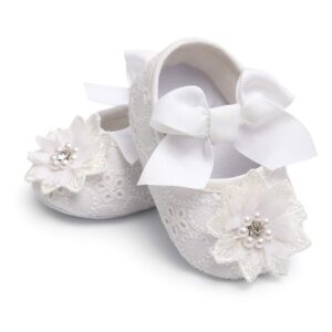 baby girl white shoes mary jane flats soft sole bowknot floral princess christening baptism wedding dress shoes for newborns, infants, babies 0-6 months