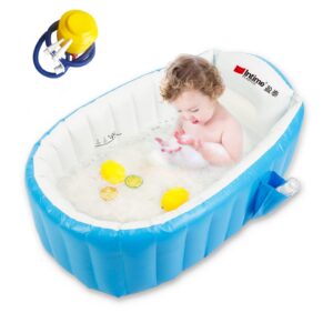 baby inflatable bathtub, portable infant toddler bathing tub non slip travel bathtub mini air swimming pool kids thick foldable shower basin with air pump, blue