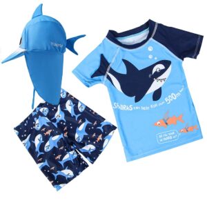 baby toddler boys two pieces swimsuit set shark bathing suit rash guards swimwear with hat upf 50+ (3d blue shark, 18-24months)