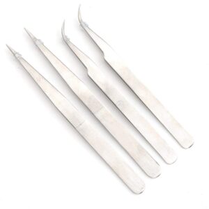 heepdd tweezers, 4pcs serger tweezers with serrated tips serrated bent tweezers tips stainless steel straight tweezer tip curved anti static tweezers sewing machine accessory