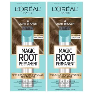 l’oréal paris magic root permanent hair color, 10 minute hair dye kit to rescue roots with 100% gray hair coverage, 6 light brown, 2 pack (packaging may vary)