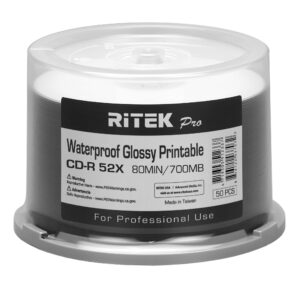 200 pack ritek pro cd-r 52x 700mb 80min professional grade watershield water resistant glossy white inkjet hub printable blank recordable disc