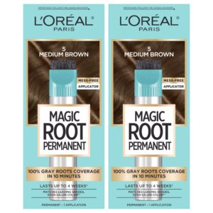 l’oréal paris magic root permanent hair color, 10 minute hair dye kit to rescue roots with 100% gray hair coverage, 5 medium brown, 2 pack (packaging may vary)