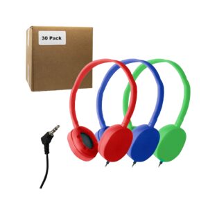 bulk headphones for school library classroom airplane hospital museum hotel tours gym students adjustable disposable reusable comfortable compact and easy to store headsets (30pack, blueredgreen)