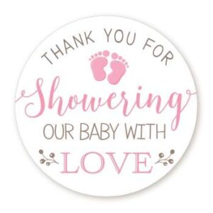 baby shower stickers | pink | thank you for showering our baby with love | 48 stickers - 1.67 inches round | baby shower stickers for girls | pitter patter - tiny baby feet baby shower labels