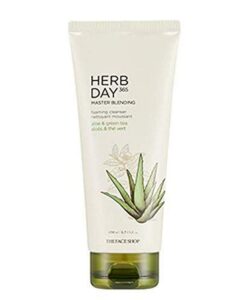 the face shop herb day 365 master blending cleansing foam aloe & green tea face cleanser - moisturizing, hydrating, soothing face wash - korean skin care facial cleanser - suitable for all skin types