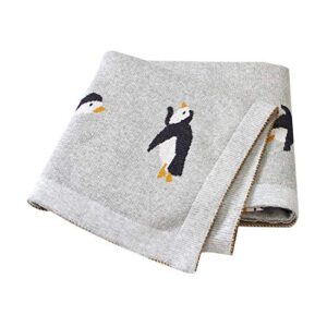 mimixiong 100% cotton knitted baby blanket toddler swaddling blanket for newborn baby with cute penguin pattern grey size 30 x 40 inches