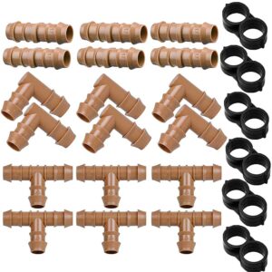 jayee 24p drip irrigation fittings kit for 1/2" tubing (.600 id), 17mm parts- 6 tees, 6 couplings, 6 elbows,6 end cap plugs- barded connectors for rain bird pipe and sprinkler systems (24 pieces set)