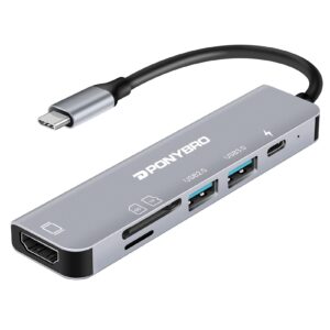 ponybro usb c hub multiport adapter 6 in 1,4k 60hz hdmi adapter,1 usb3.0+1 usb2.0 port,65w power delivery,sd/tf reader,usb c hdmi dongle compatible for macbook pro xps more type c devices.