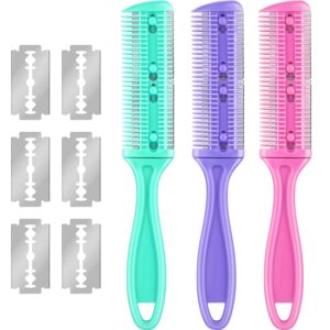 3 pieces hair cutting comb set with 10 razors, double edge razor, thinning comb for slim haircuts (green, purple, pink)