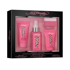 ed hardy women's perfume fragrance set, body wash, body lotion, body mist & bath fizz, 4 piece set