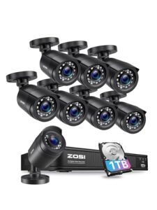 zosi h.265+1080p home security camera system outdoor, 5mp lite 8 channel cctv dvr recorder with hard drive 1tb and 8 x 1080p surveillance bullet camera with 80ft night vision, motion detection