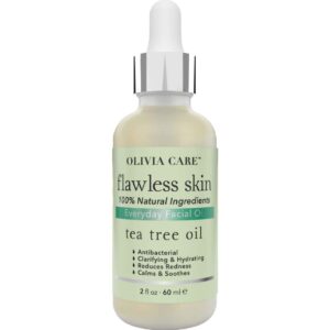 olivia care flawless essential facial oil 100% natural. nourishing, plump, reviving, hydrating, calming & soothing. stabilize & retain moisture (tea tree)