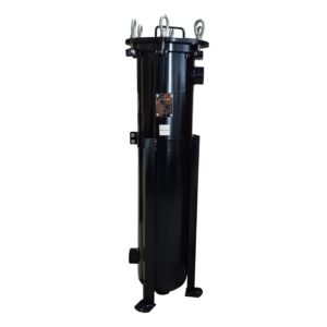 prm #2 carbon steel bag filter housing - 8"x30" - 2" npt inlet/outlet - dual side & bottom outlets - 150 psi max - fkm o-ring, 100 gpm flow, epoxy coated, stainless steel basket, safety vent