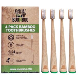 boonboo bamboo toothbrushes, wooden handle, stand-up, pack of 4, adult