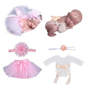 spokki 4 pcs newborn photography props outfits-babytutu skirt cute bow headdress and lace rompers sets for infants girl boy