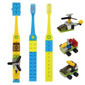 dr.ray kids toothbrush with building blocks and toothbrush covers, extra soft, ages 6+ (pack of 3, multi-colored)