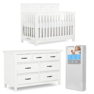 evolur belmar flat 5 in 1 convertible crib & double dresser with free 260 coil crib & toddler mattress