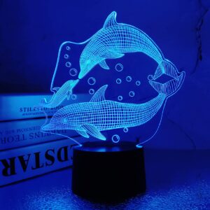 fullosun dolphin gifts, 3d illusion lamp, dolphin night light for bedroom decoration fashion style gifts for birthday xmas with remote control 16 color change + dim function + 4 flash mode