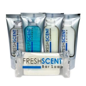 freshscent hotel collection 250 piece set. travel size amenities bulk toiletries kit of 50 each 1oz tubes shampoo, conditioner, body wash and lotion. 50 bars 1oz soap