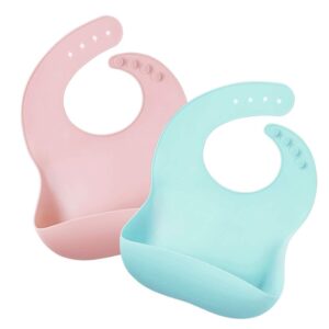 maveek 2 pack silicone baby bib, waterproof babies feeding bib adjustable rubber baby bibs with food catcher pocket for toddlers, easily wipe clean, green & pink