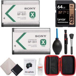 sony np-bx1 lithium-ion x type battery, silver (2-pack) bundle with lexar professional 633x 64gb uhs-1 class 10 sdxc memory card and deco photo all-in-one cleaning kit with carry case (7 items)