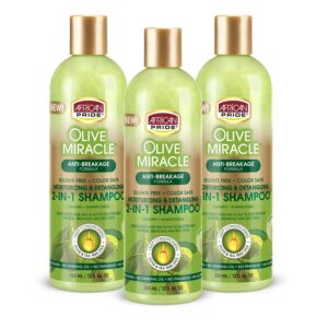 african pride olive miracle shampoo & conditioner 2 in1 formula (3 pack) enriched with tea tree and olive oil to moisturize and protect hair and scalp, 12oz.