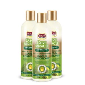 african pride olive miracle leave-in conditioner (3 pack) enriched with olive oil and tea tree to seal in moisture and prevent breakage. 12oz.