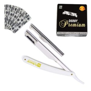 professional withe straight edge razor with 100 single edge derby premium blades - for barbers, salons, and hair enthusiasts-macs-087b1 (withe)