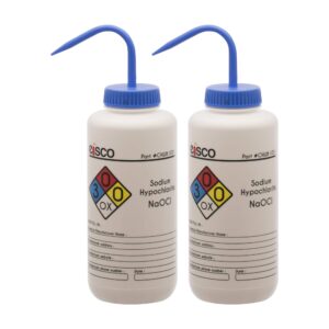 eisco 2pk wash bottle for sodium hypochlorite (bleach), 1000ml - labeled with color coded chemical & safety information (4 colors) - wide mouth, self venting, ldpe - performance plastics labs