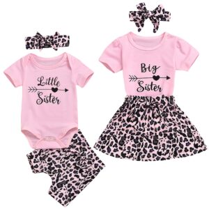 grnshts baby girl sister matching clothes infant little sister short sleeve romper+leopard shorts+headband 3pcs outfits (leopard little sister, 0-6 months)