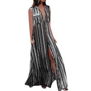 f_gotal womens casual long maxi sundress, rainbow button down roll up sleeve dress, stripes loose maxi pockets dresses